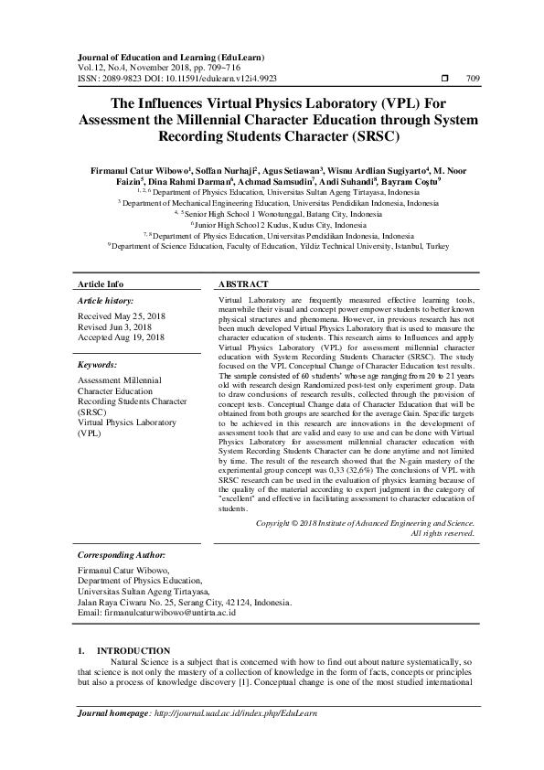 (PDF) The Influences Virtual Physics Laboratory (VPL) For Assessment the Millennial Character ...