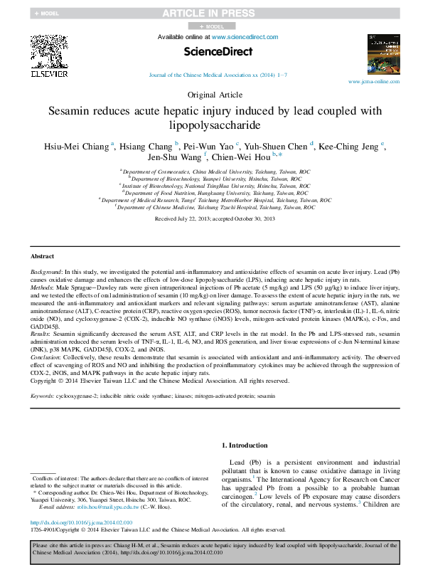 (PDF) Sesamin reduces acute hepatic injury induced by lead coupled with lipopolysaccharide ...