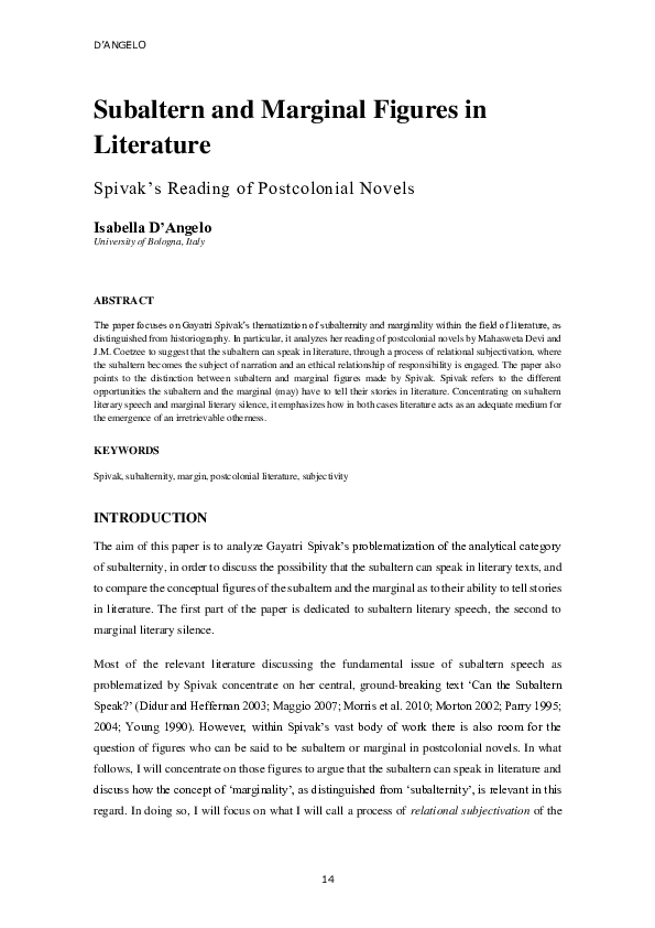 (PDF) Subaltern and Marginal Figures in Literature Spivak's Reading of ...