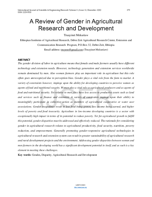 (PDF) A Review of Gender in Agricultural Research and Development