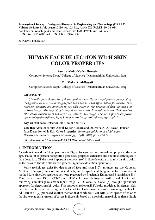 Pdf Human Face Detection With Skin Color Properties