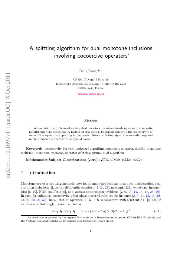 Pdf A Splitting Algorithm For Dual Monotone Inclusions Involving Cocoercive Operators