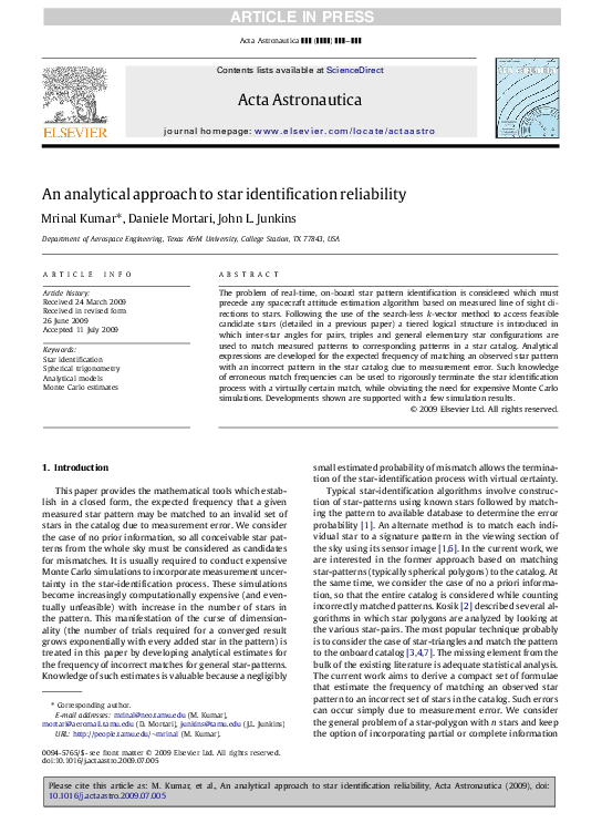 (PDF) An analytical approach to star identification reliability