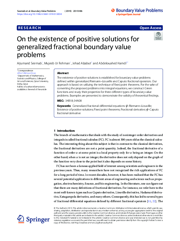 (PDF) On the existence of positive solutions for generalized fractional boundary value problems