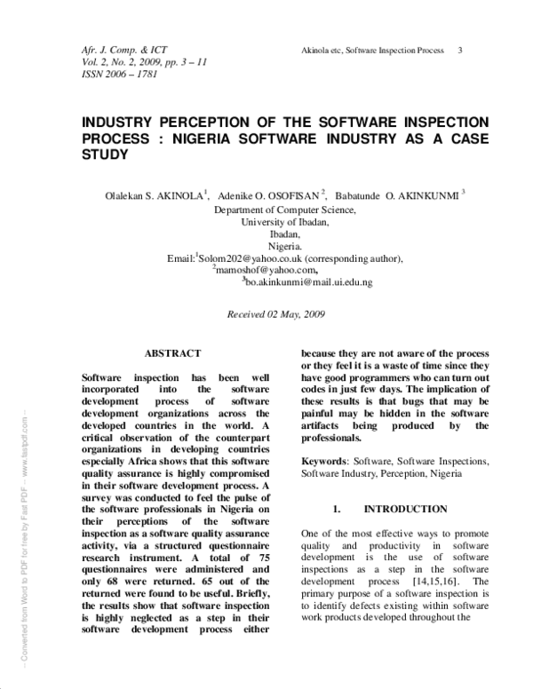 (PDF) Industry Perception of the Software Inspection Process: Nigeria Software Industry as a ...