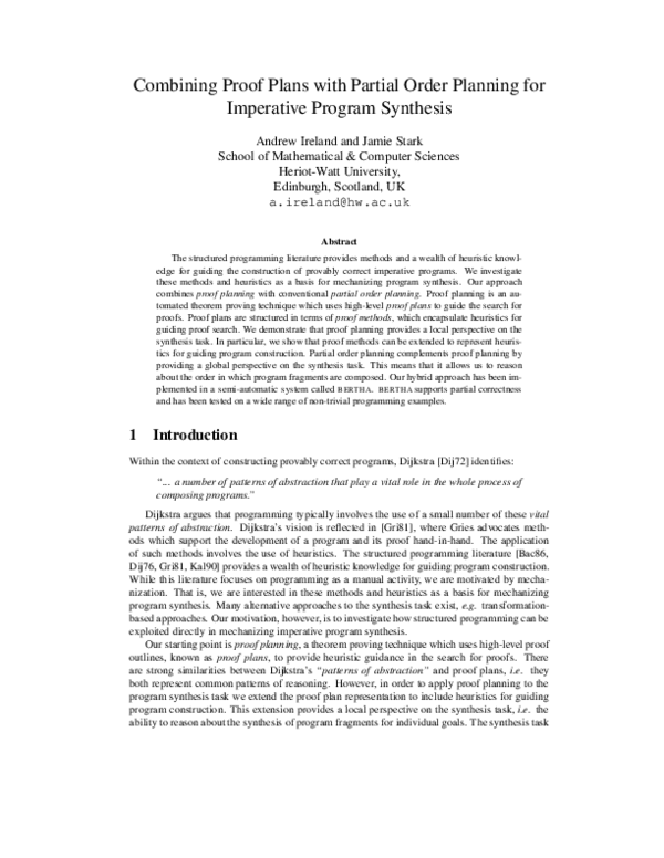 (PDF) Combining Proof Plans with Partial Order Planning for Imperative Program Synthesis