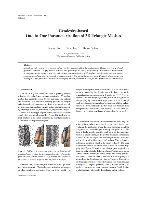 (PDF) Geodesics-based one-to-one parameterization of 3D triangle meshes