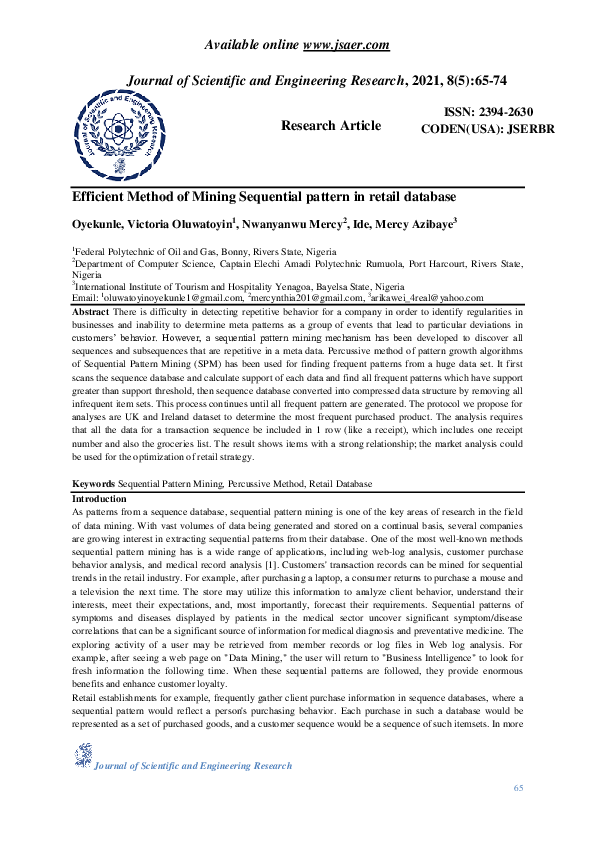 (PDF) Efficient Method of Mining Sequential pattern in retail database