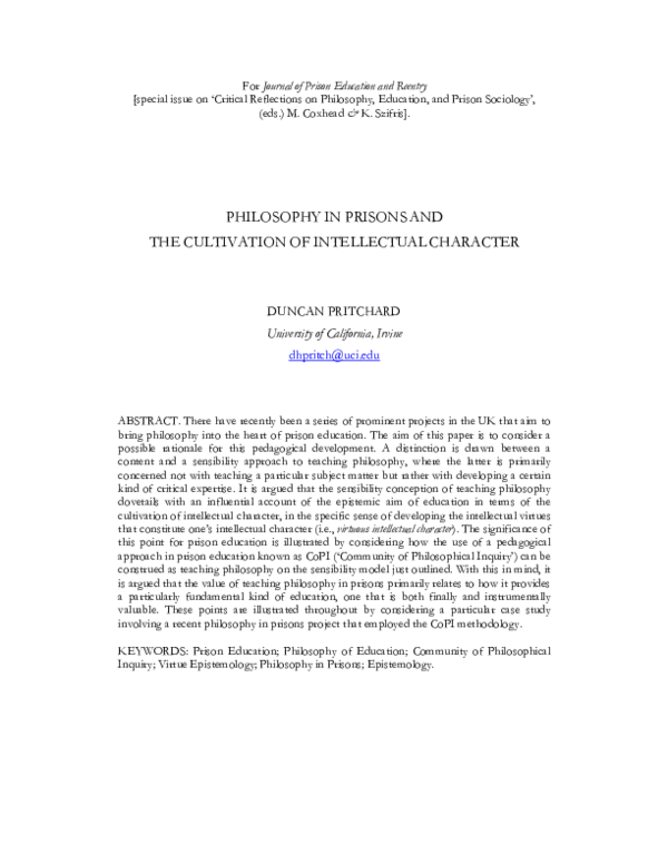 (PDF) Philosophy in Prison and the Cultivation of Intellectual Character