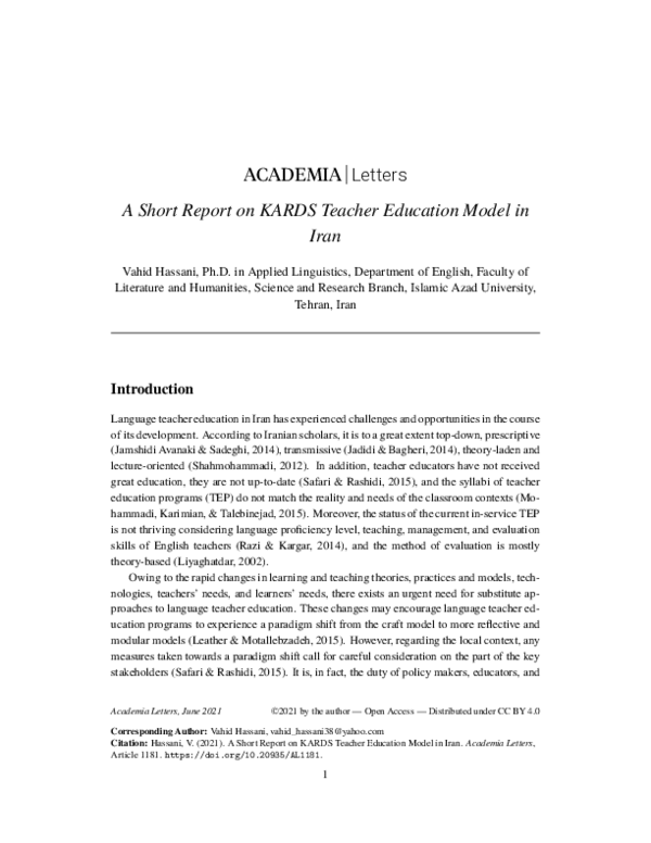 (PDF) A Short Report on KARDS Teacher Education Model in Iran