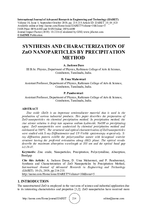 (PDF) SYNTHESIS AND CHARACTERIZATION OF ZnO NANOPARTICLES BY ...