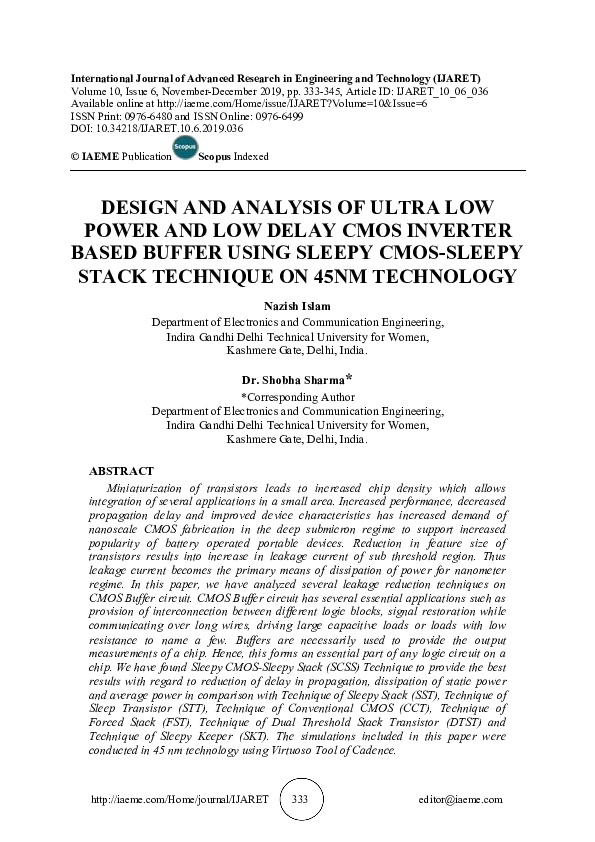 (PDF) DESIGN AND ANALYSIS OF ULTRA LOW POWER AND LOW DELAY CMOS INVERTER BASED BUFFER USING ...