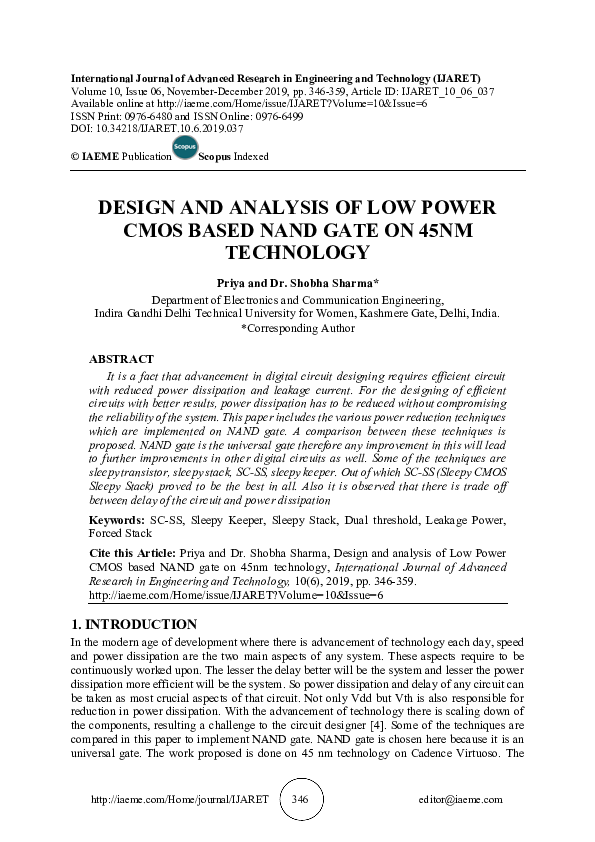 (PDF) DESIGN AND ANALYSIS OF LOW POWER CMOS BASED NAND GATE ON 45NM TECHNOLOGY