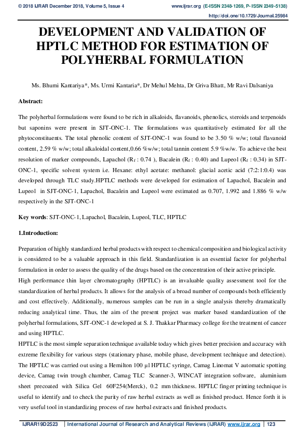 (PDF) DEVELOPMENT AND VALIDATION OF HPTLC METHOD FOR ESTIMATION OF POLYHERBAL FORMULATION
