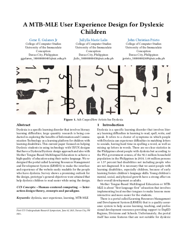 (PDF) A MTB-MLE User Experience Design for Dyslexic Children