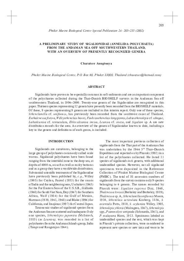 (PDF) A preliminary study of Sigalionidae (Annelida: Polychaeta) from ...