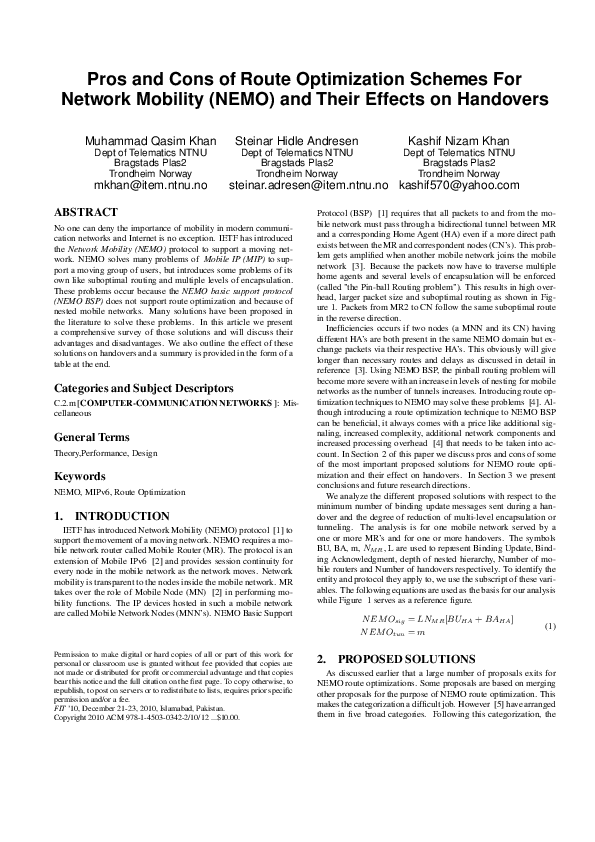 (PDF) Pros and Cons of Route Optimization Schemes For Network Mobility (NEMO) and Their Effects ...