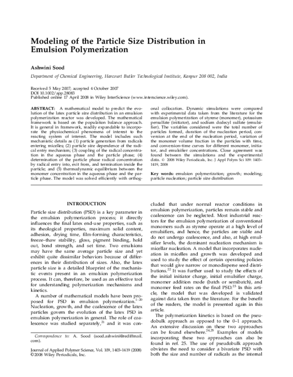 (PDF) Modeling of the particle size distribution in emulsion polymerization