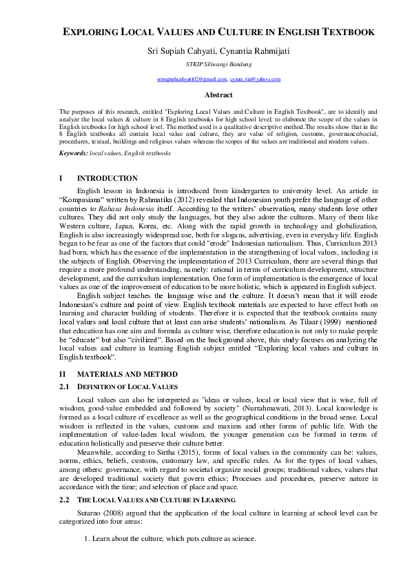 (PDF) Exploring Local Values and Culture in English Textbook