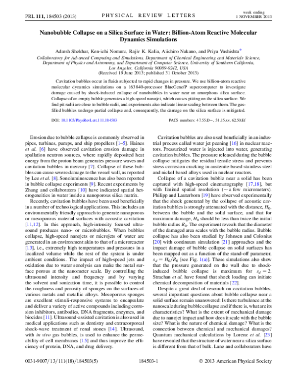 (PDF) Nanobubble Collapse on a Silica Surface in Water: Billion-Atom Reactive Molecular Dynamics ...