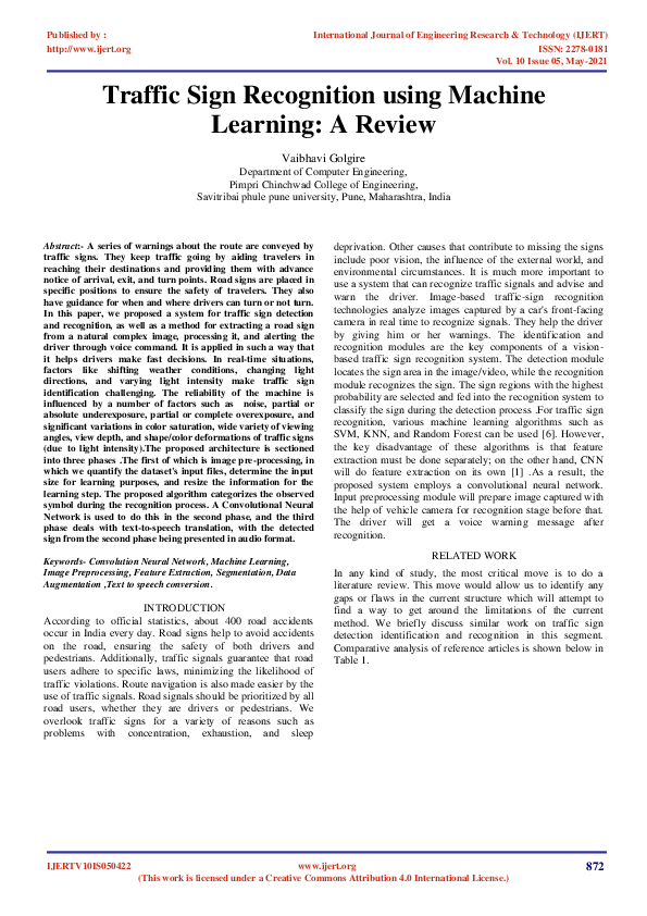Pdf Ijert Traffic Sign Recognition Using Machine Learning A Review