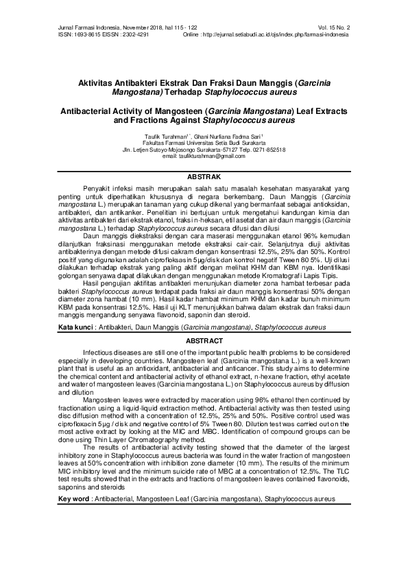 (PDF) Aktivitas Antibakteri Ekstrak Dan Fraksi Daun Manggis (Garcinia Mangostana) Terhadap ...