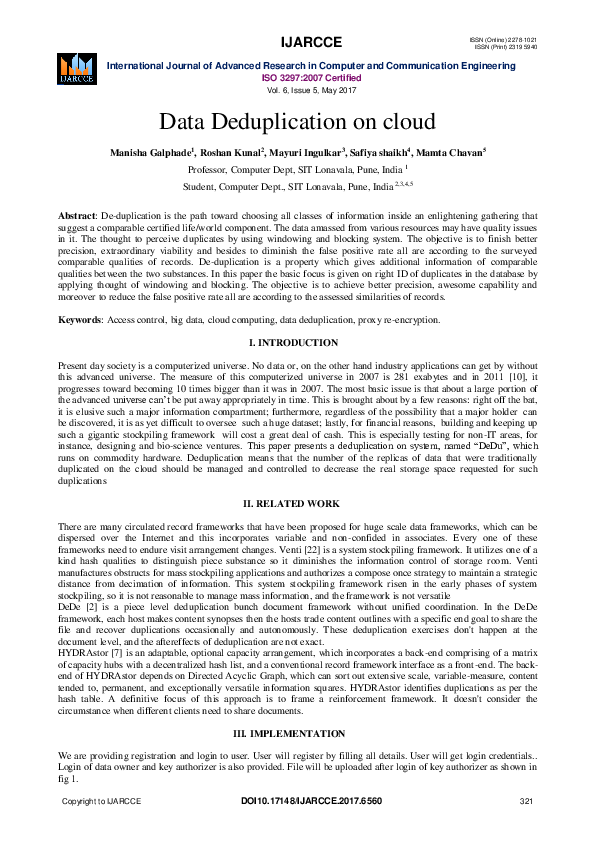 Pdf Data Deduplication On Cloud 7781