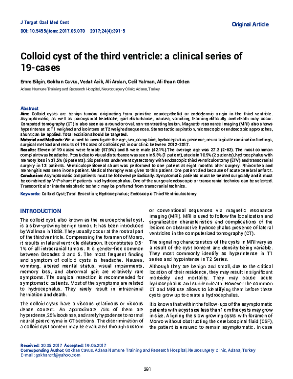 Pdf Colloid Cyst Of The Third Ventricle A Clinical Series Of 19 Cases