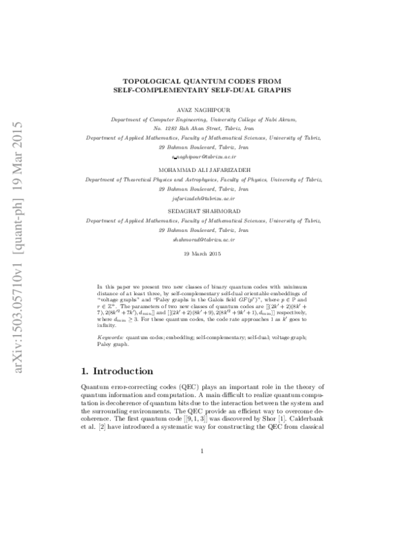 (PDF) Topological quantum codes from self-complementary self-dual graphs