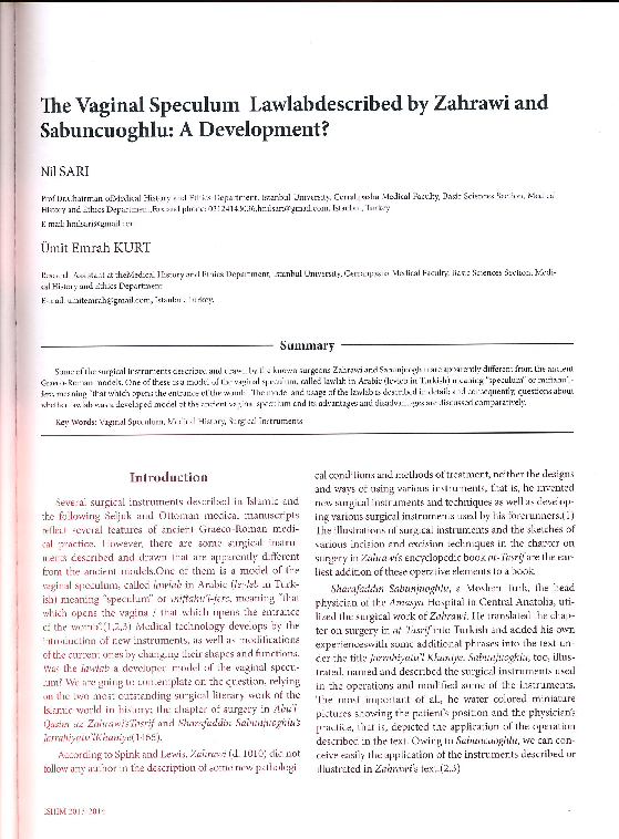 (PDF) The Vaginal Speculum Lawlab Described by Zahrawi and Sabuncuoghlu: A Development?