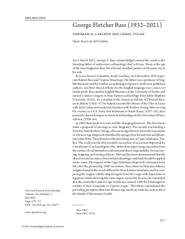 (PDF) George Fletcher Bass (1932-2021)