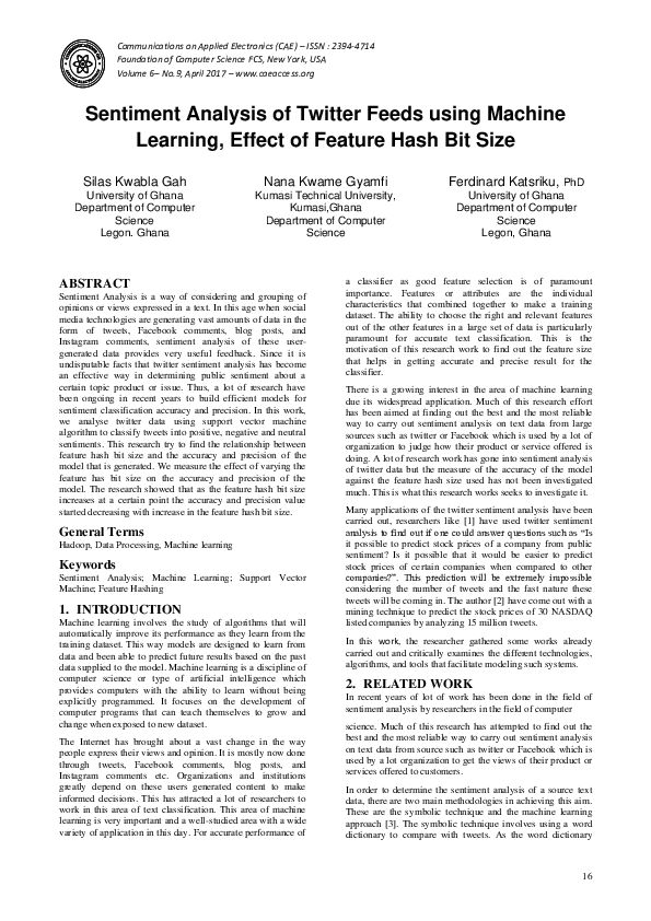 (PDF) Sentiment Analysis of Twitter Feeds using Machine Learning, Effect of Feature Hash Bit Size