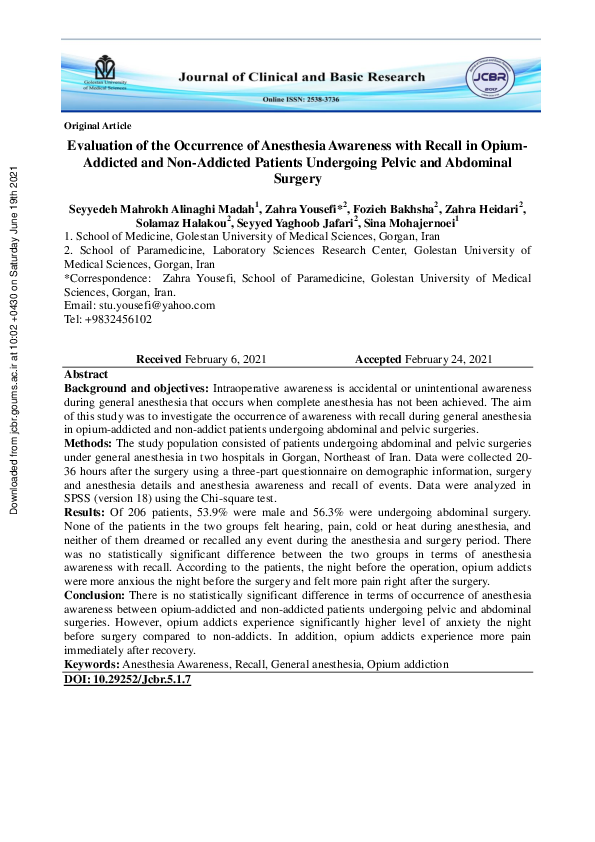(PDF) Evaluation of the Occurrence of Anesthesia Awareness with Recall in Opium-Addicted and Non ...