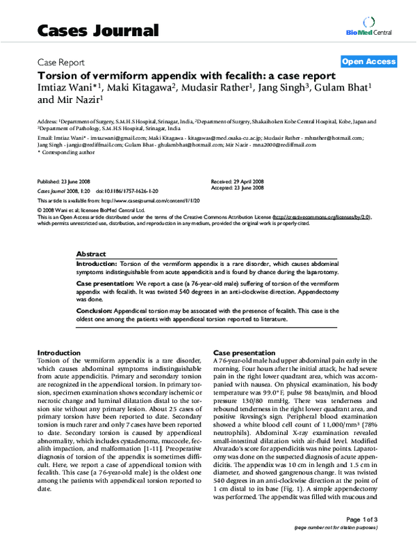 (PDF) Torsion of vermiform appendix with fecalith: a case report | Mudasir Mir - Academia.edu