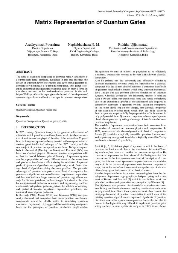 (PDF) Matrix Representation of Quantum Gates