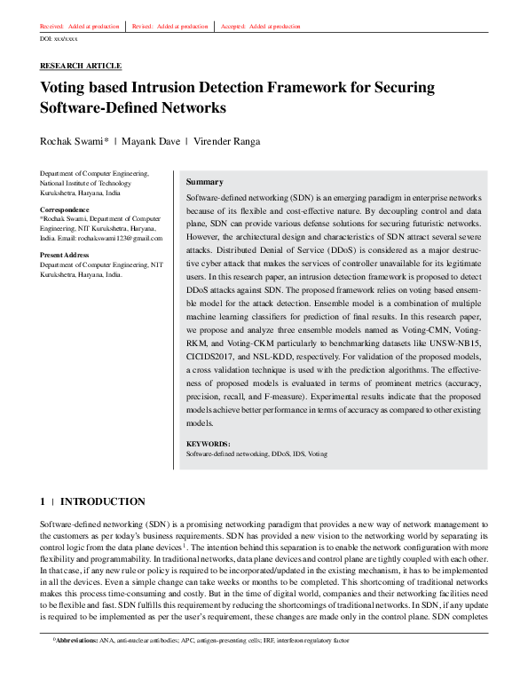 (PDF) Voting based Intrusion Detection Framework for Securing Software-Defined Networks
