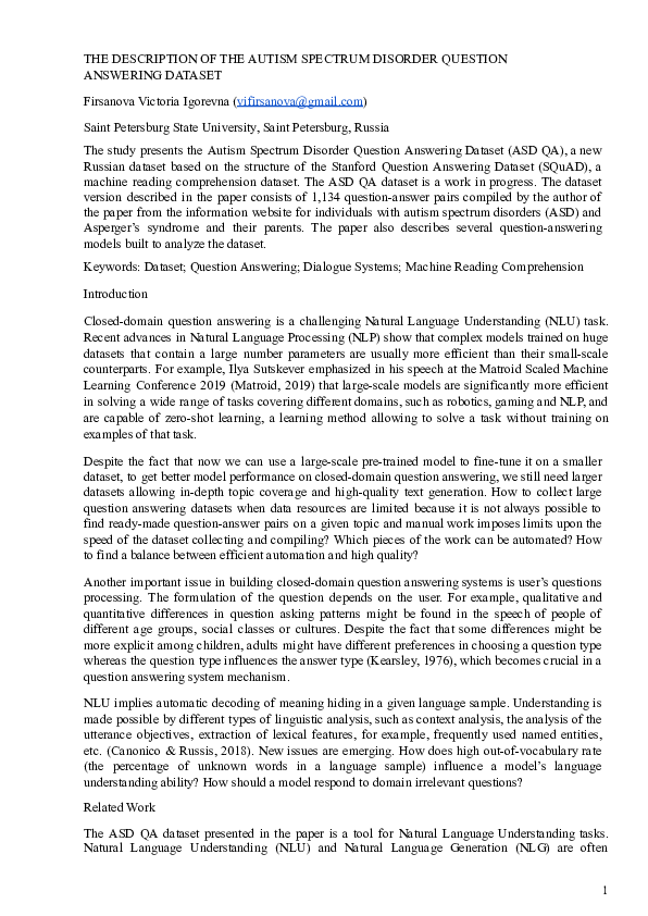 (PDF) THE DESCRIPTION OF THE AUTISM SPECTRUM DISORDER QUESTION ...