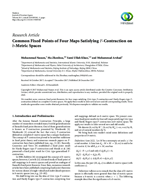 (PDF) Common Fixed Points of Four Maps SatisfyingF-Contraction onb-Metric Spaces
