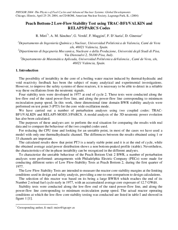 (PDF) Peach Bottom-2 Low-Flow Stability Test using TRAC-BF1/VALKIN and ...