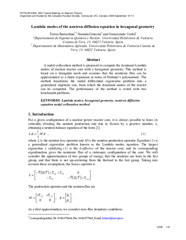 Pdf Lambda Modes Of The Neutron Diffusion Equation In Hexagonal Geometry