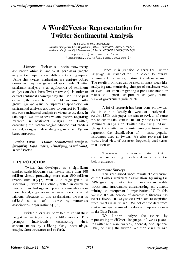 (PDF) A Word2Vector Representation for Twitter Sentimental Analysis