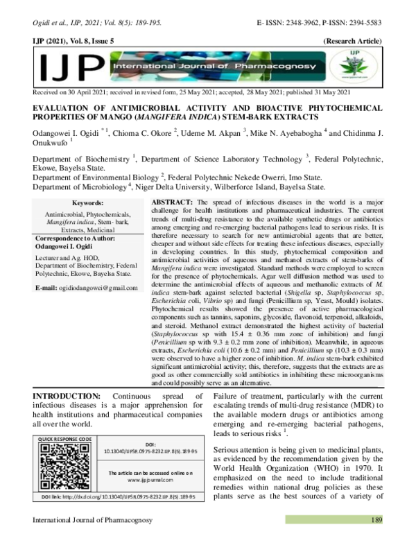 (PDF) EVALUATION OF ANTIMICROBIAL ACTIVITY AND BIOACTIVE PHYTOCHEMICAL PROPERTIES OF MANGO ...