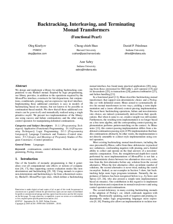 (PDF) Backtracking, interleaving, and terminating monad transformers