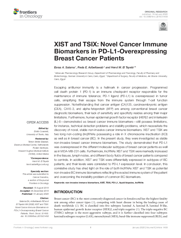 (PDF) XIST and TSIX as Non-Invasive Immune Biomarkers in Breast Cancer