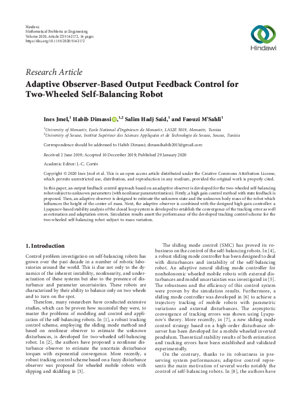 (PDF) Adaptive Observer-Based Output Feedback Control for Two-Wheeled Self-Balancing Robot