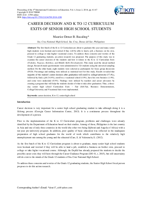 (PDF) Career Decision and K to 12 Curriculum Exits of Senior High ...