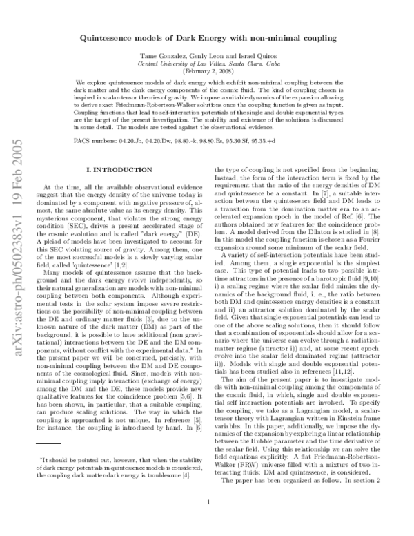 (PDF) Quintessence models of Dark Energy with non-minimal coupling