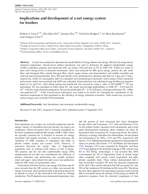 (PDF) Implications and development of a net energy system for broilers
