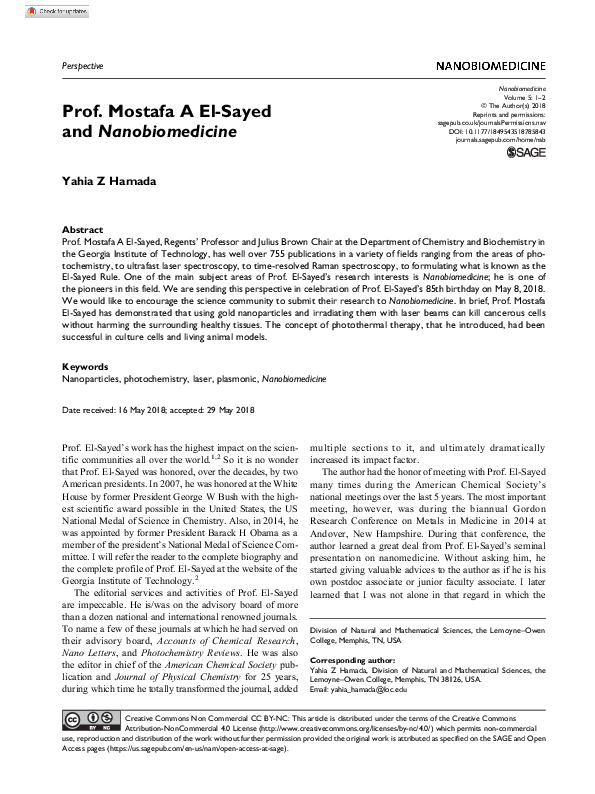 (PDF) Prof. Mostafa A El-Sayed and Nanobiomedicine | Yahia Hamada - Academia.edu