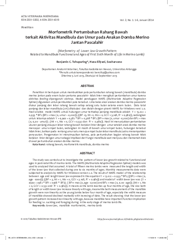 (PDF) Morfometrik Pertumbuhan Rahang Bawah terkait Aktivitas Mandibula dan Umur pada Anakan ...